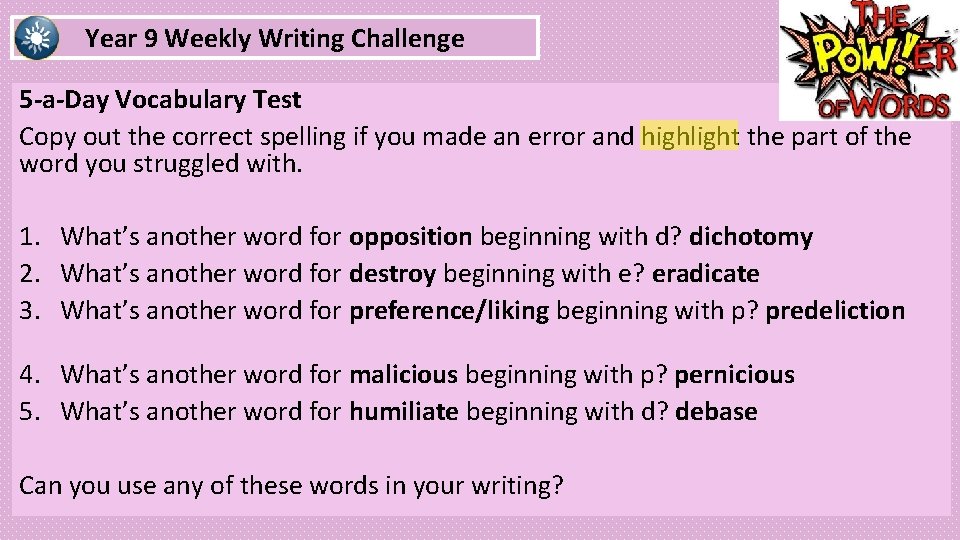 Year 7 Weekly Writing Challenge 5 aDay Vocabulary