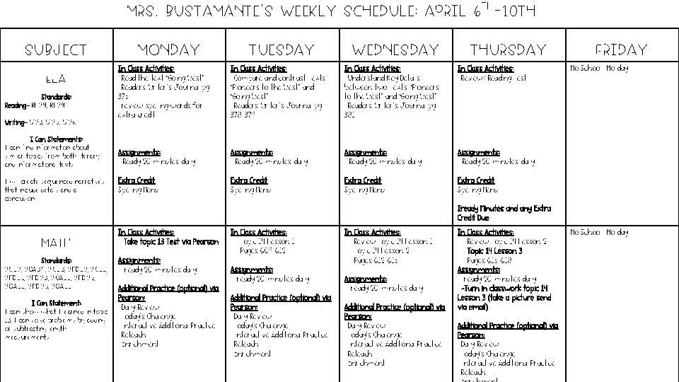 Mrs Bustamantes Weekly Schedule April 6 th10 th