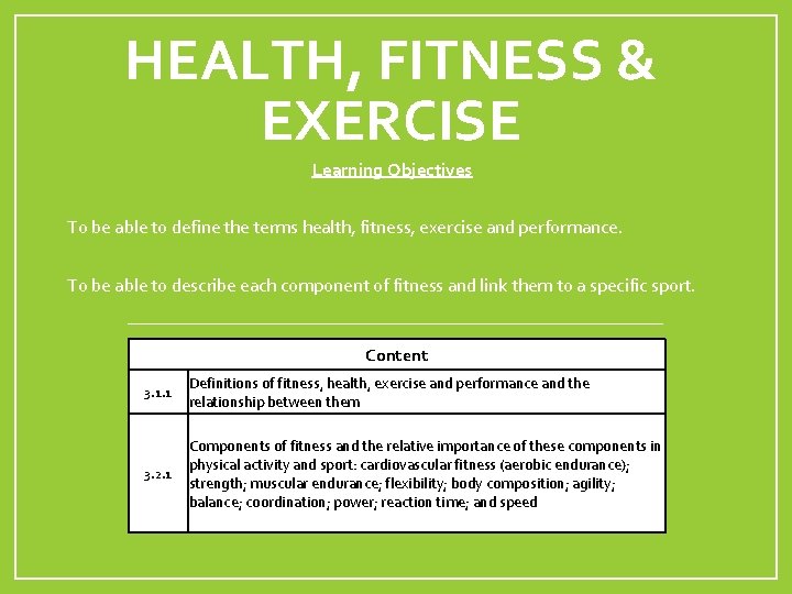 HEALTH FITNESS EXERCISE Learning Objectives To be able