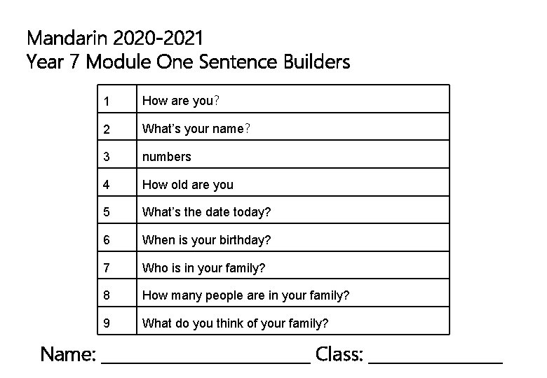 Mandarin 2020 2021 Year 7 Module One Sentence