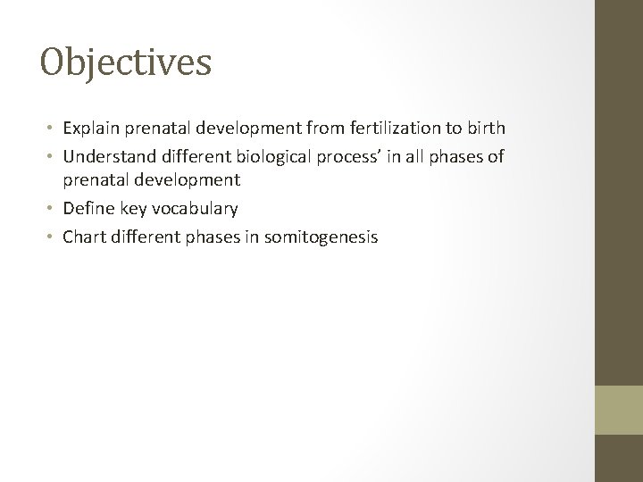 Embryonic Growth Objectives Explain prenatal development from fertilization