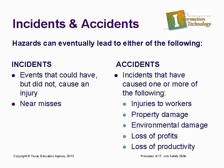 Principles of Information Technology Job Safety Skills Copyright