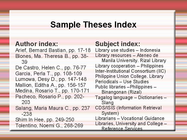 Issues in Indexing in the Philippines A Presentation