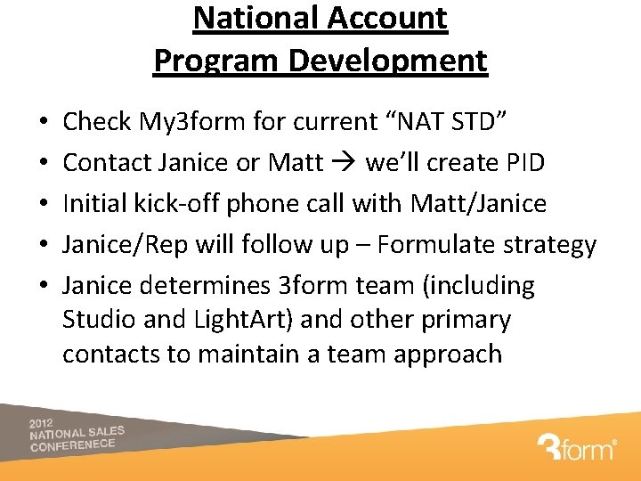 National Accounts Building Sales with National Standards Definition