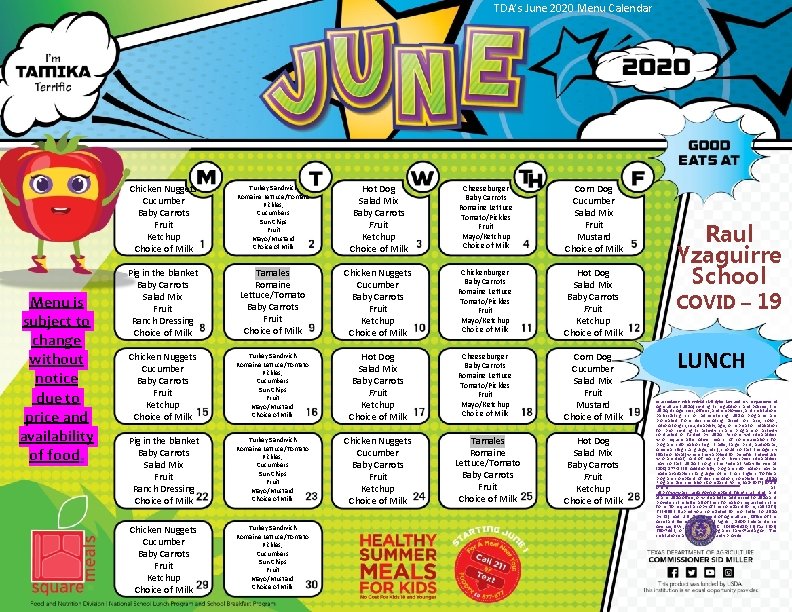 TDAs June 2020 Menu Calendar Menu is subject