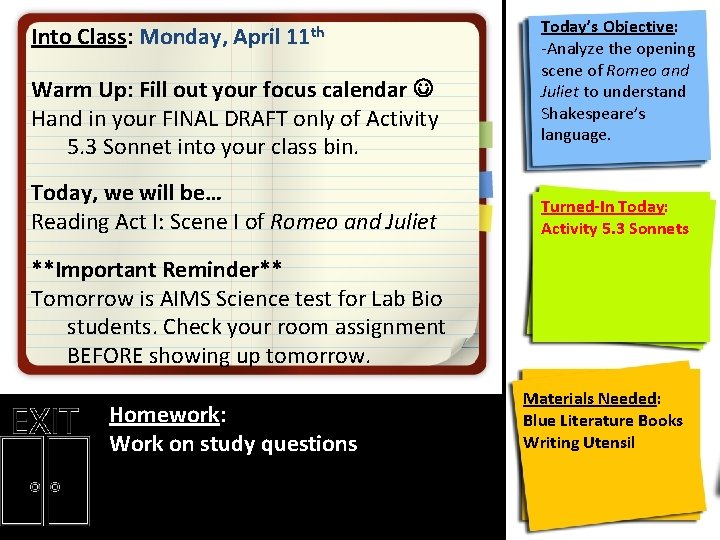 Into Class Monday April 11 th Warm Up