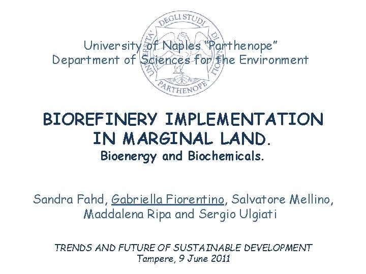 University of Naples Parthenope Department of Sciences for