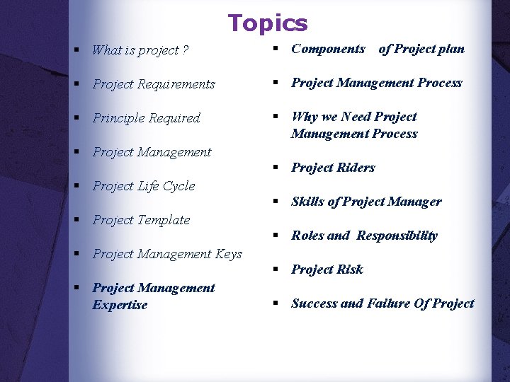 Topics What is project Components of Project plan