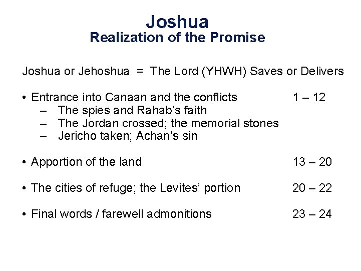 Joshua Realization of the Promise Joshua or Jehoshua