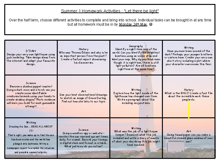 Summer 1 Homework Activities Let there be light