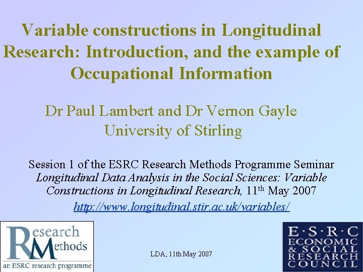 Variable constructions in Longitudinal Research Introduction and the