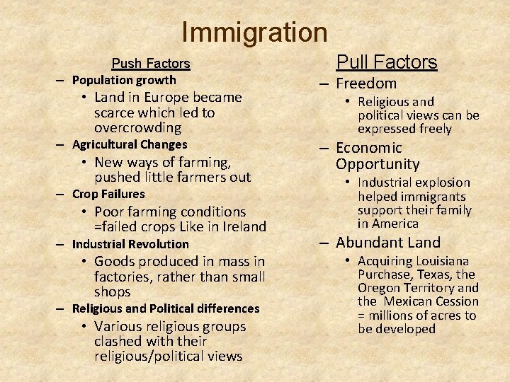 Immigration Push Factors Population growth Land in Europe