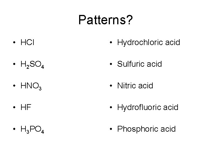 Acids and Bases List as many things that