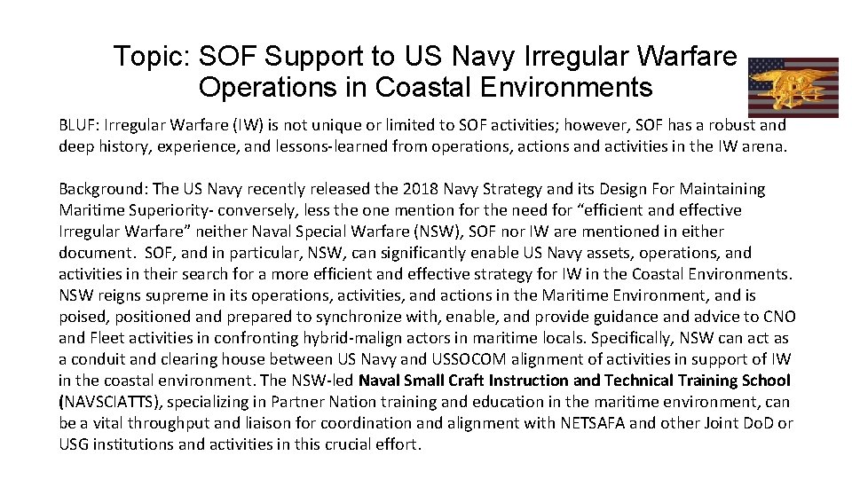 Topic SOF Support to US Navy Irregular Warfare