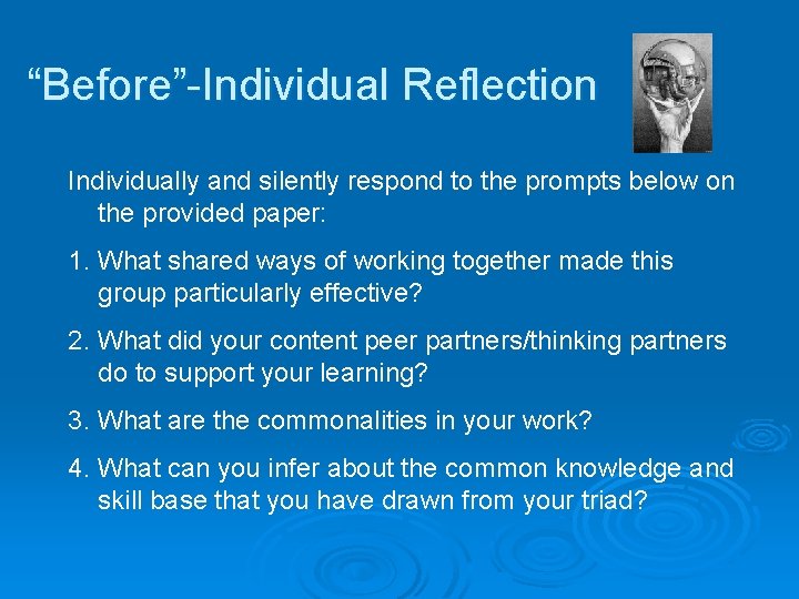 Effective Teamwork Reflection BeforeIndividual Reflection Individually ...