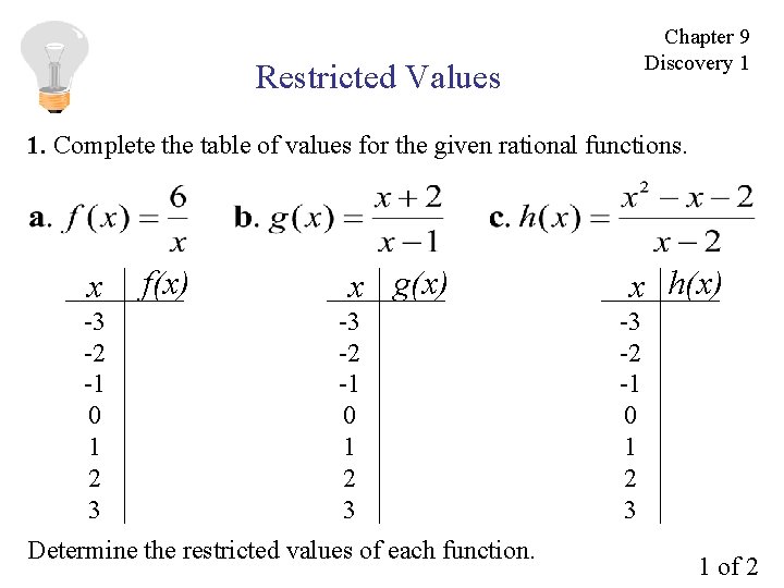 Chapter 9 Discovery 1 Restricted Values 1 Complete