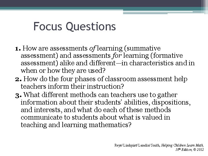 CHAPTER 4 Assessment Enhanced Teaching and Learning Reys