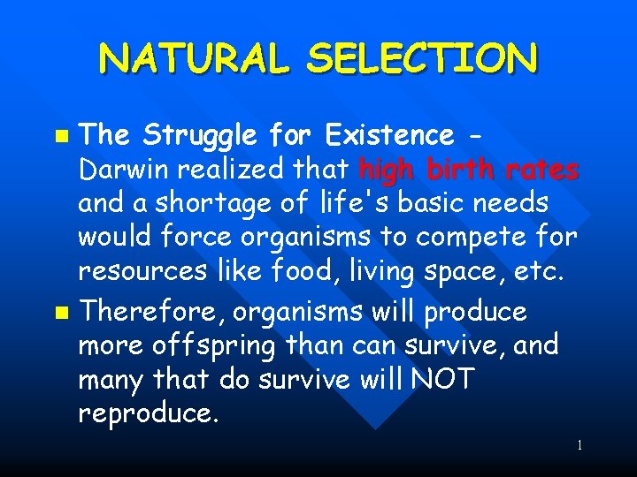 NATURAL SELECTION The Struggle for Existence Darwin realized