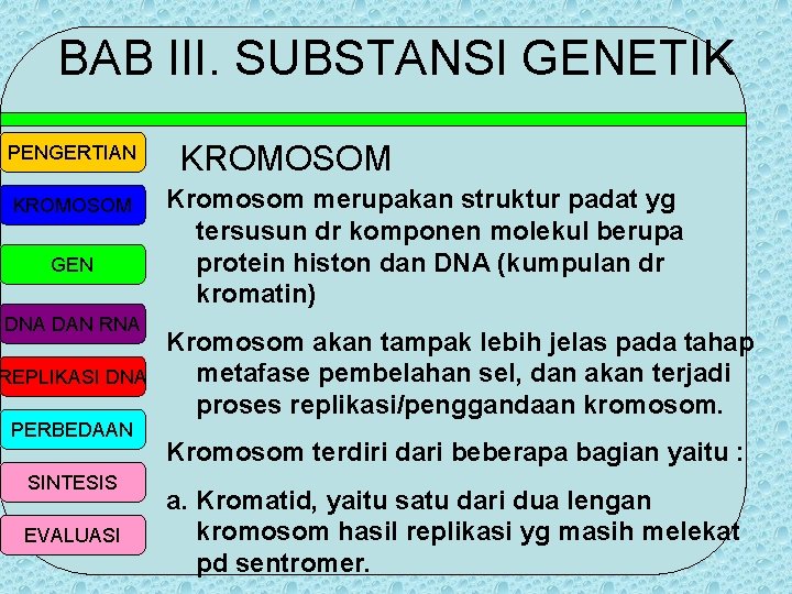 BAB III SUBSTANSI GENETIK PENGERTIAN KROMOSOM GEN DNA