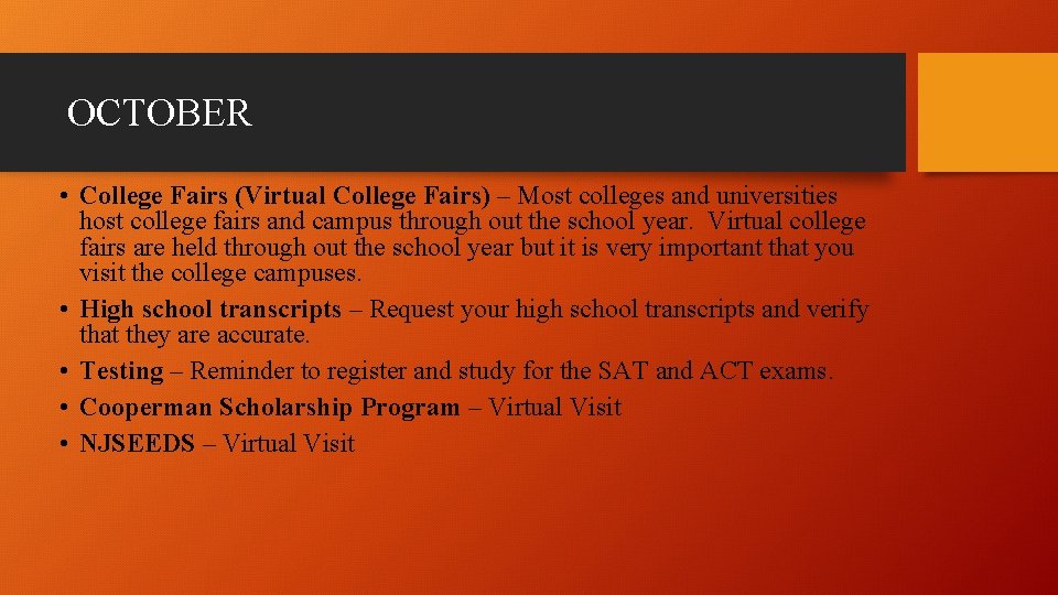 ORANGE TOWNSHIP PUBLIC SCHOOL DISTRICT College Timeline Students