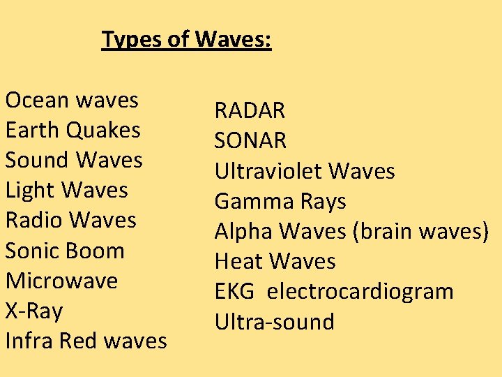 Types of Waves Ocean waves Earth Quakes Sound
