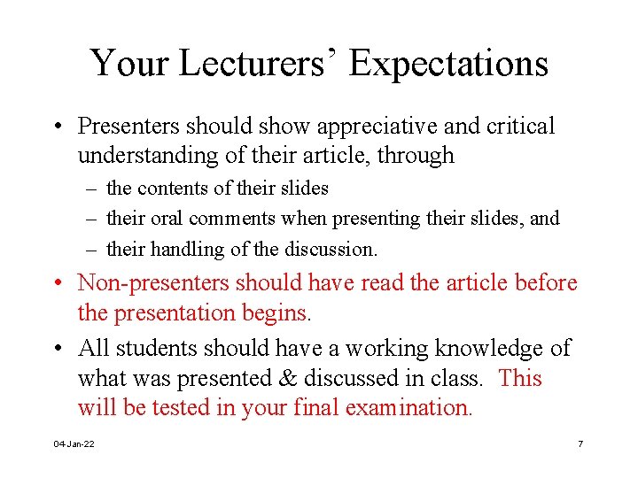 Comp Sci 725 Handout 6 Oral Presentations Projects