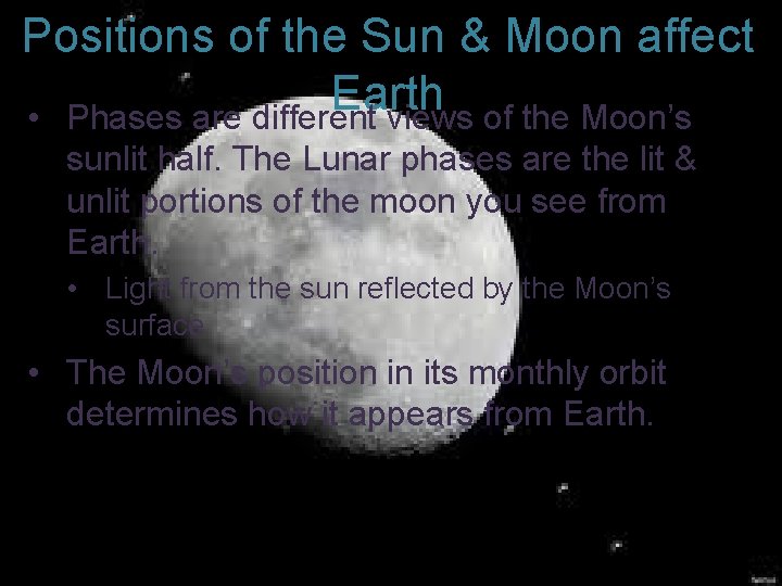 Positions of the Sun Moon affect Earth Phases