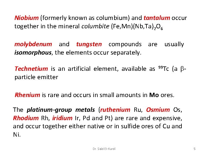 Inorganic Chemistry B Chapter 23 dBlock metal chemistry