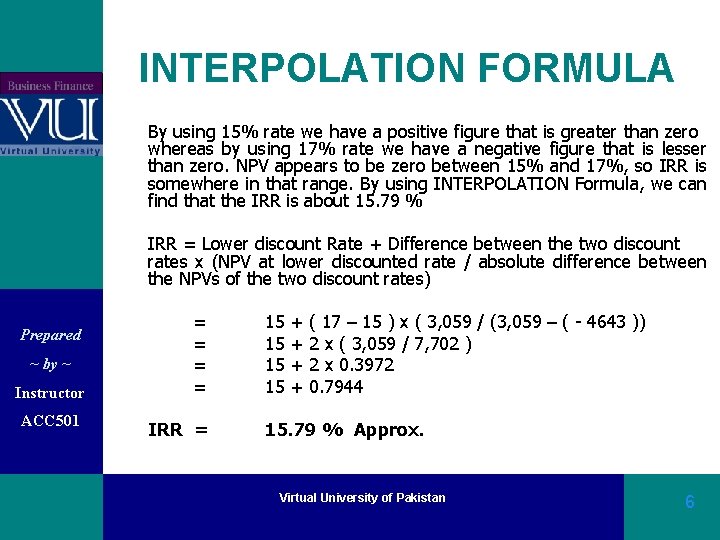 Business Finance ACC 501 Internal Rate of Return