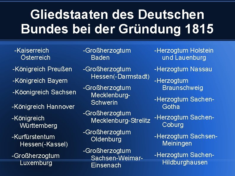 Deutscher Bund 1815 bis 1865 Eine Karte gibt