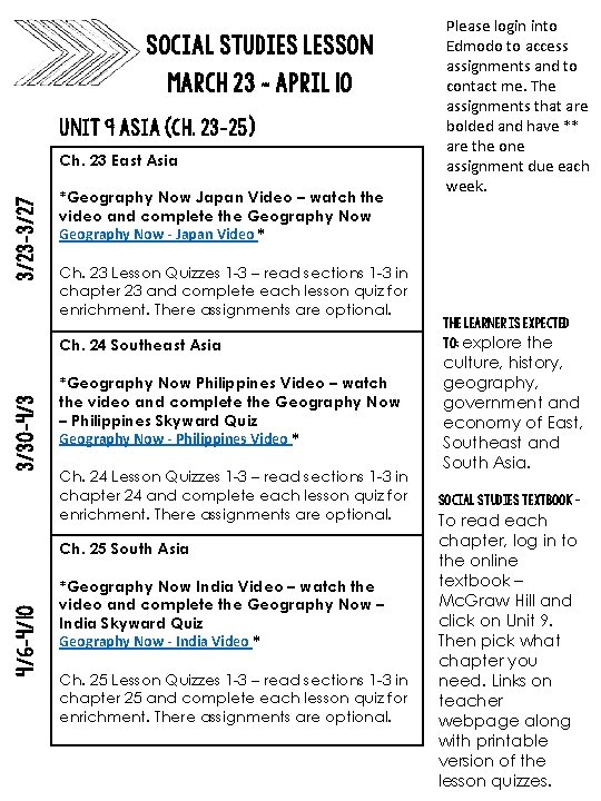 Social studies Lesson March 23 April 10 Unit