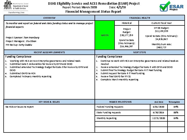 ESAR Project Improving operations through stabilized infrastructure ...