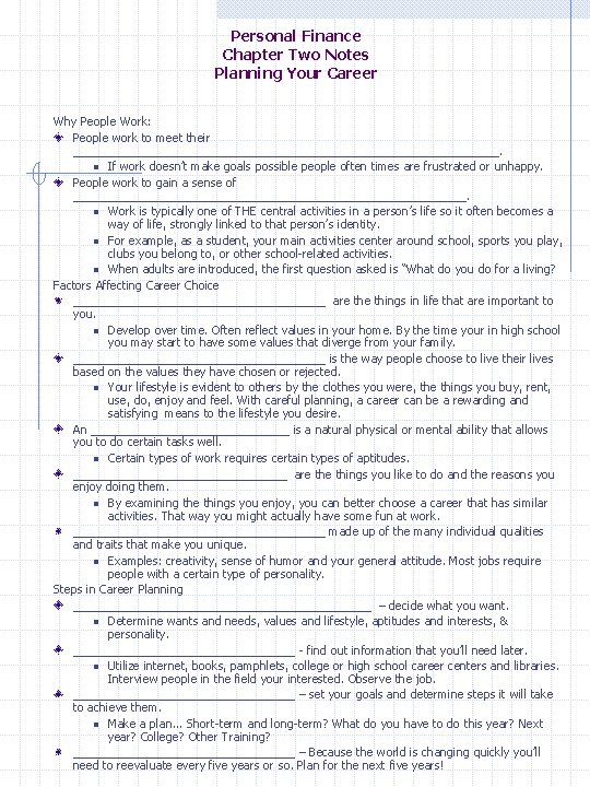 Personal Finance Chapter Two Notes Planning Your Career