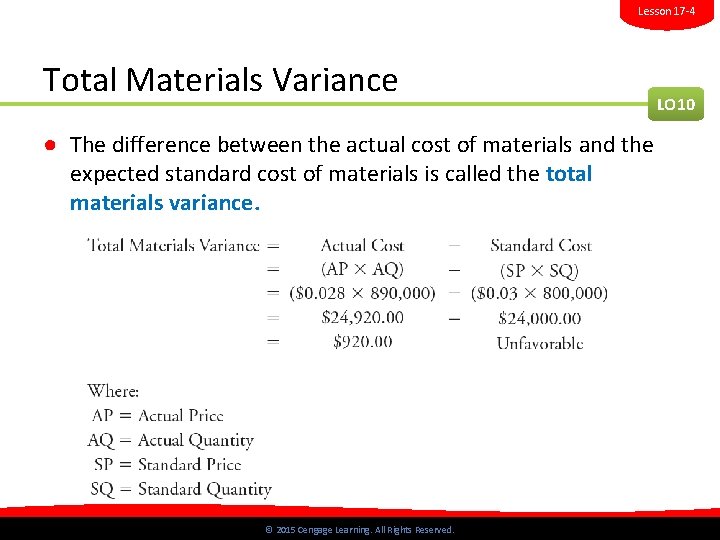 LESSON Learning Objectives 174 Standard Costs and Variance