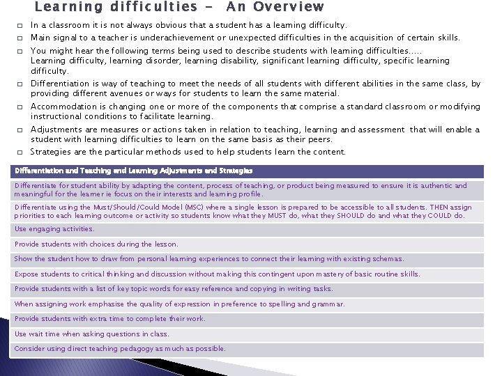 Learning difficulties An Overview In a classroom it