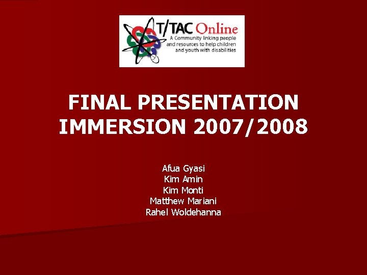 FINAL PRESENTATION IMMERSION 20072008 Afua Gyasi Kim Amin