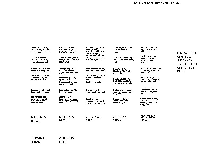 TDAs December 2019 Menu Calendar Pancakes sausage muffin