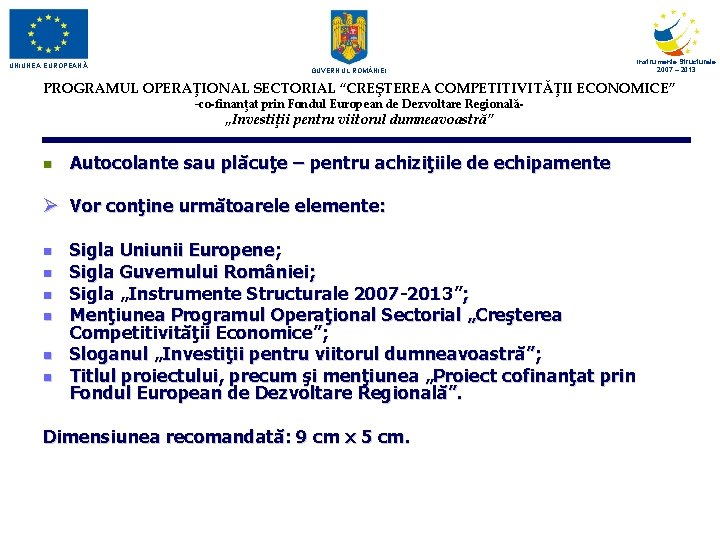 UNIUNEA EUROPEAN GUVERNUL ROM NIEI Instrumente Structurale 2007