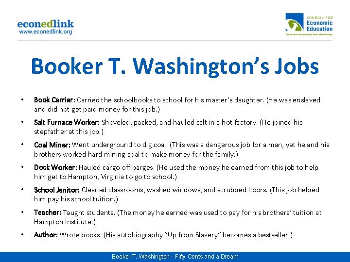Booker T Washington Fifty Cents and a Dream