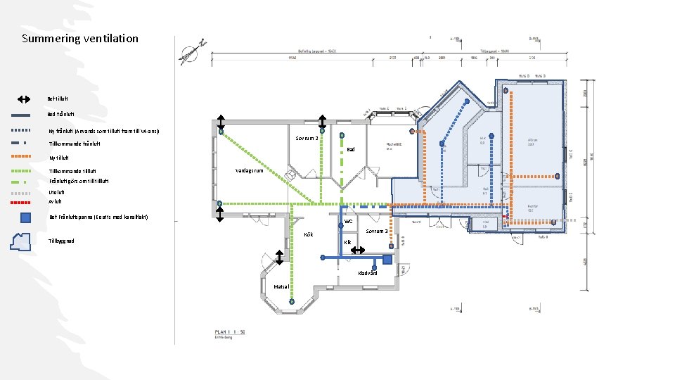 Grundritning Befintlig ventilation och utbyggnad Bef tilluft Bed
