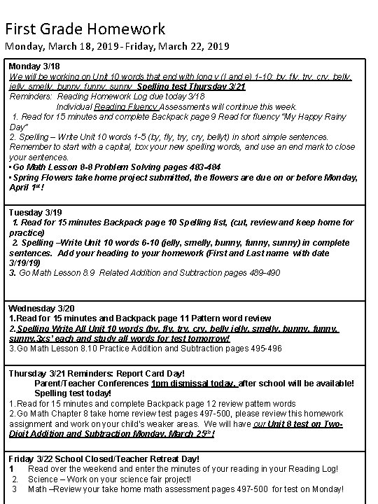 First Grade Homework Monday March 18 2019 Friday