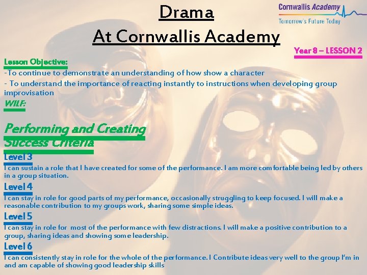 Drama At Cornwallis Academy Year 8 LESSON 2