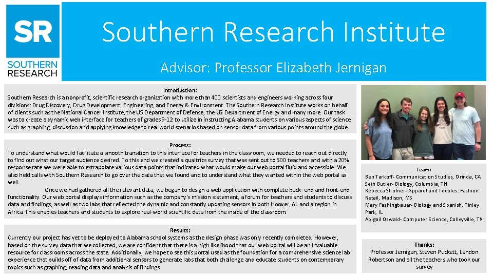 Southern Research Institute Advisor Professor Elizabeth Jernigan ...