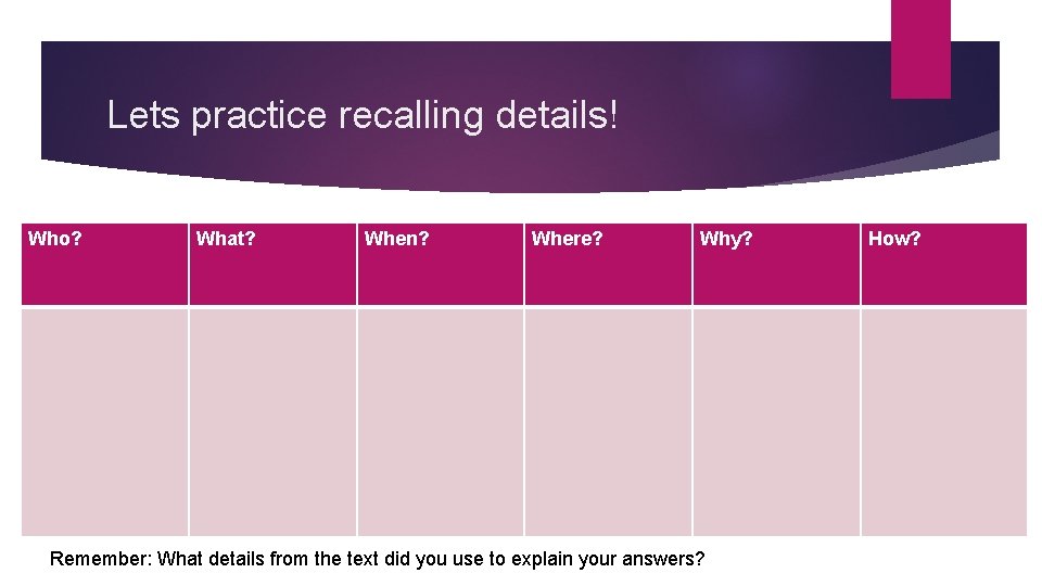 Lets practice recalling details Student printout Who What