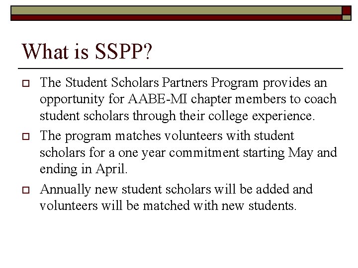 AABE MI Chapter Student Scholars Partners Program SSPP