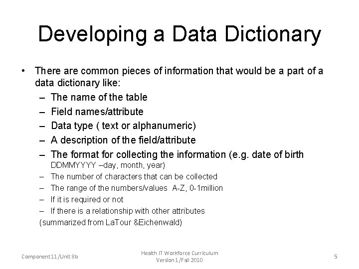 Component 11Unit 8 b Data Dictionary Understanding and