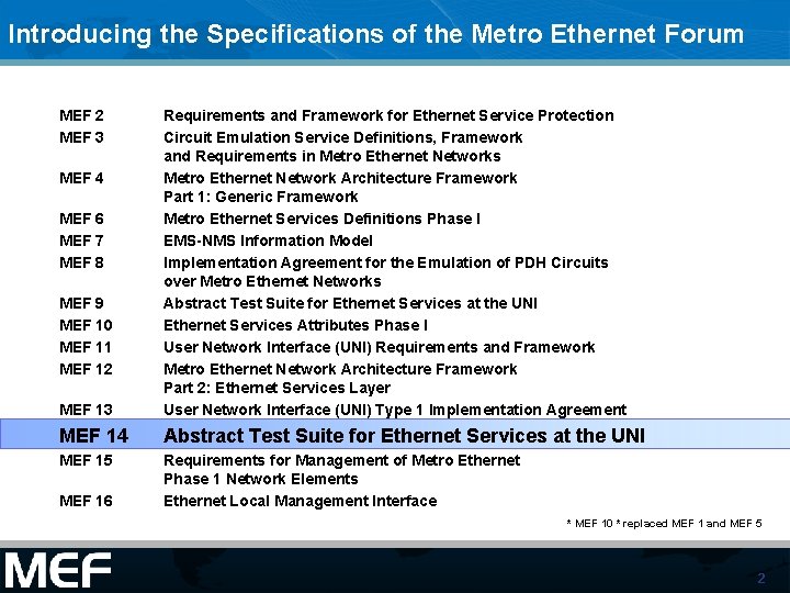 Introducing the Specifications of the Metro Ethernet Forum