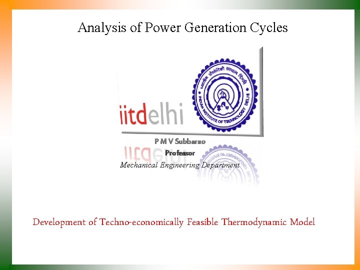 Analysis of Power Generation Cycles P M V