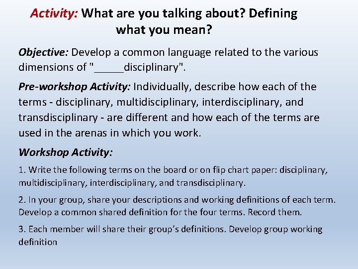 Activity What are you talking about Defining what