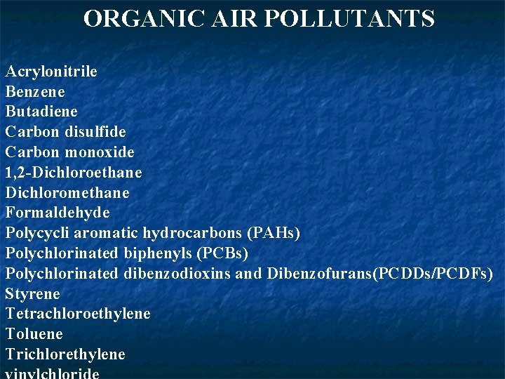 Air Pollution ORGANIC AIR POLLUTANTS Acrylonitrile Benzene Butadiene